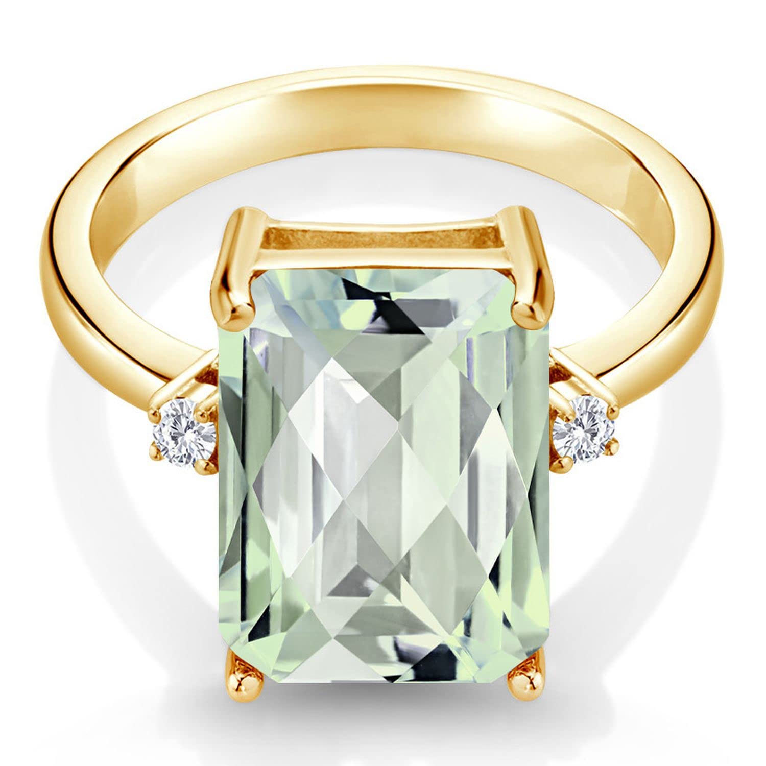 Gem Stone King 18K Yellow Gold Plated Silver Green Prasiolite and White Diamond Ring For Women (6.67 Cttw, Emerald Cut Checkerboard 14x10MM, Gemstone Birthstone, Available In Size 5, 6, 7, 8, 9)
