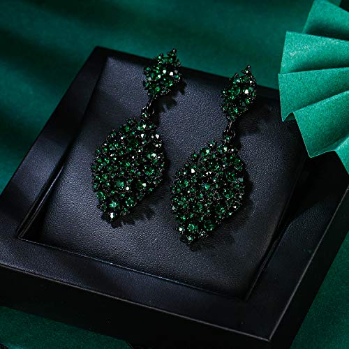 Flyonce Women's Austrian Crystal Party Hollow-out Teardrop Pierced Dangle Earrings Green Black-Tone