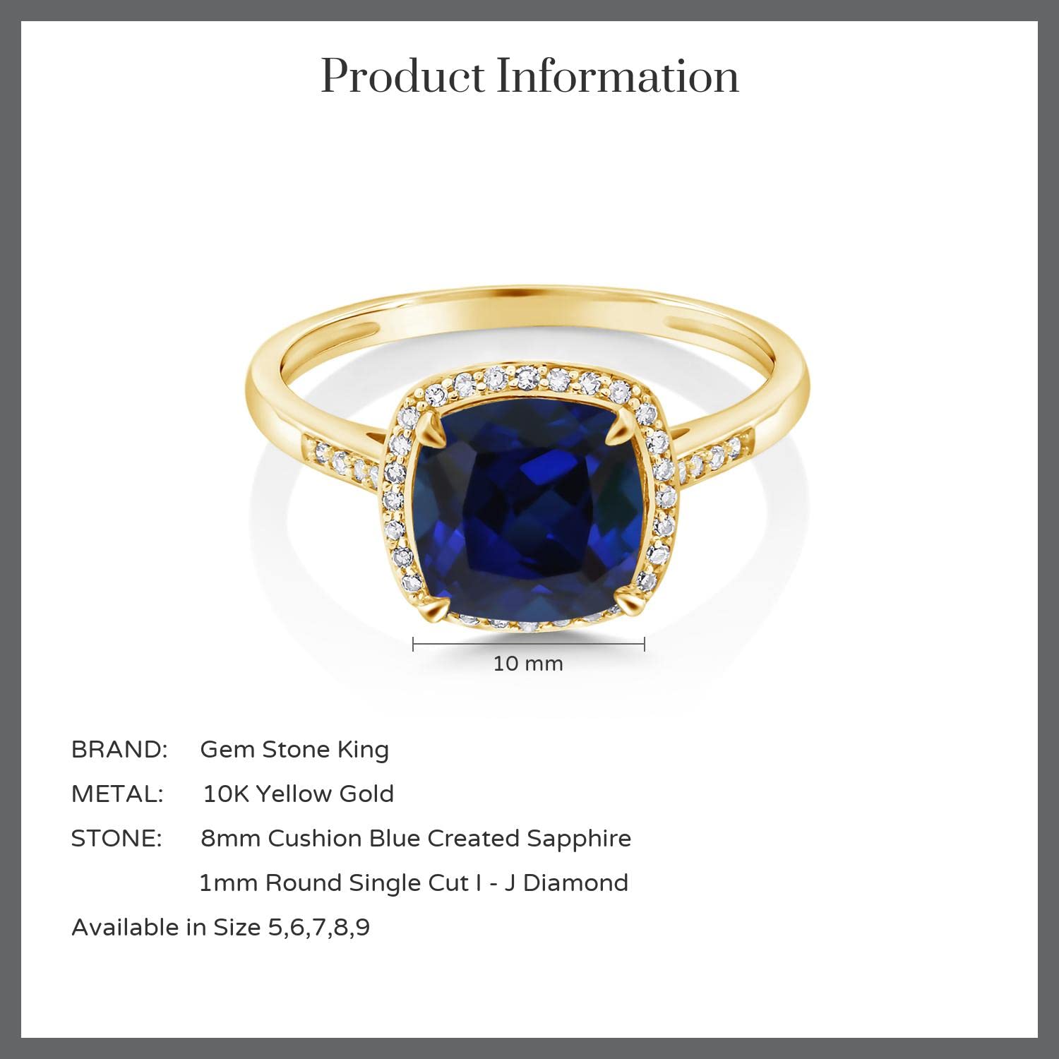 Gem Stone King 10K Yellow Gold Blue Created Sapphire and Diamond Engagement Ring For Women | 2.50 Cttw | Cushion 8MM | Yellow Gold Ring | Available in size 5, 6, 7, 8, 9