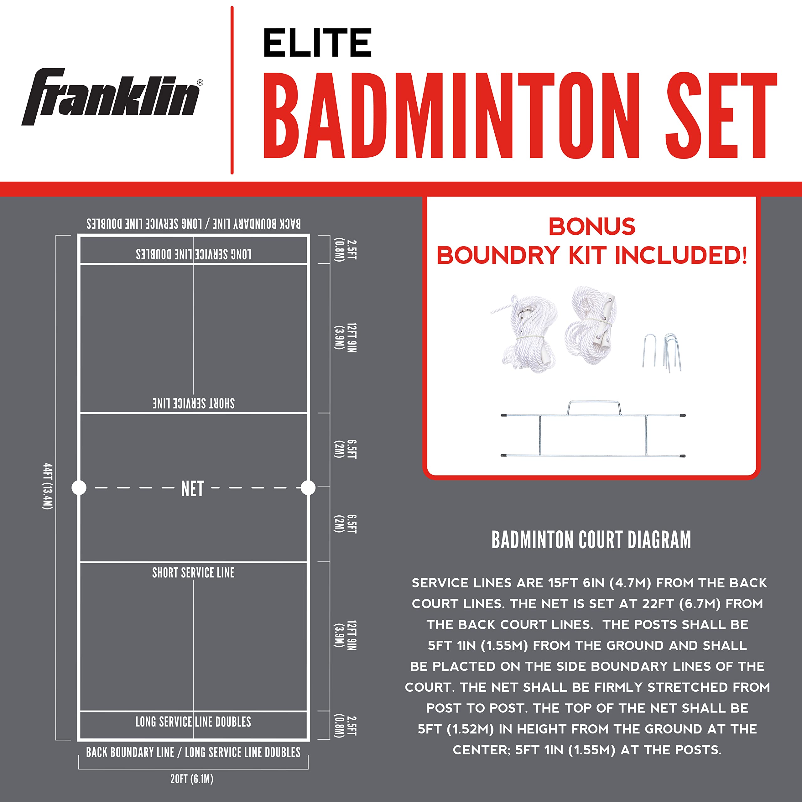 Franklin Sports Elite Badminton Net Set - Includes Badminton Rackets, Poles/Net, Stakes, Ropes, Boundary Kit - Beach or Backyard Volleyball Badminton- Easy Setup,Black