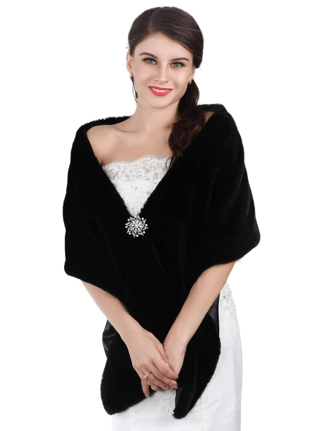 GORAIS Women's Wedding Faux Fur Shawls and Wraps Long Bridal Fur Scarf Stoles with Brooch for Bride and Bridesmaids (Black)