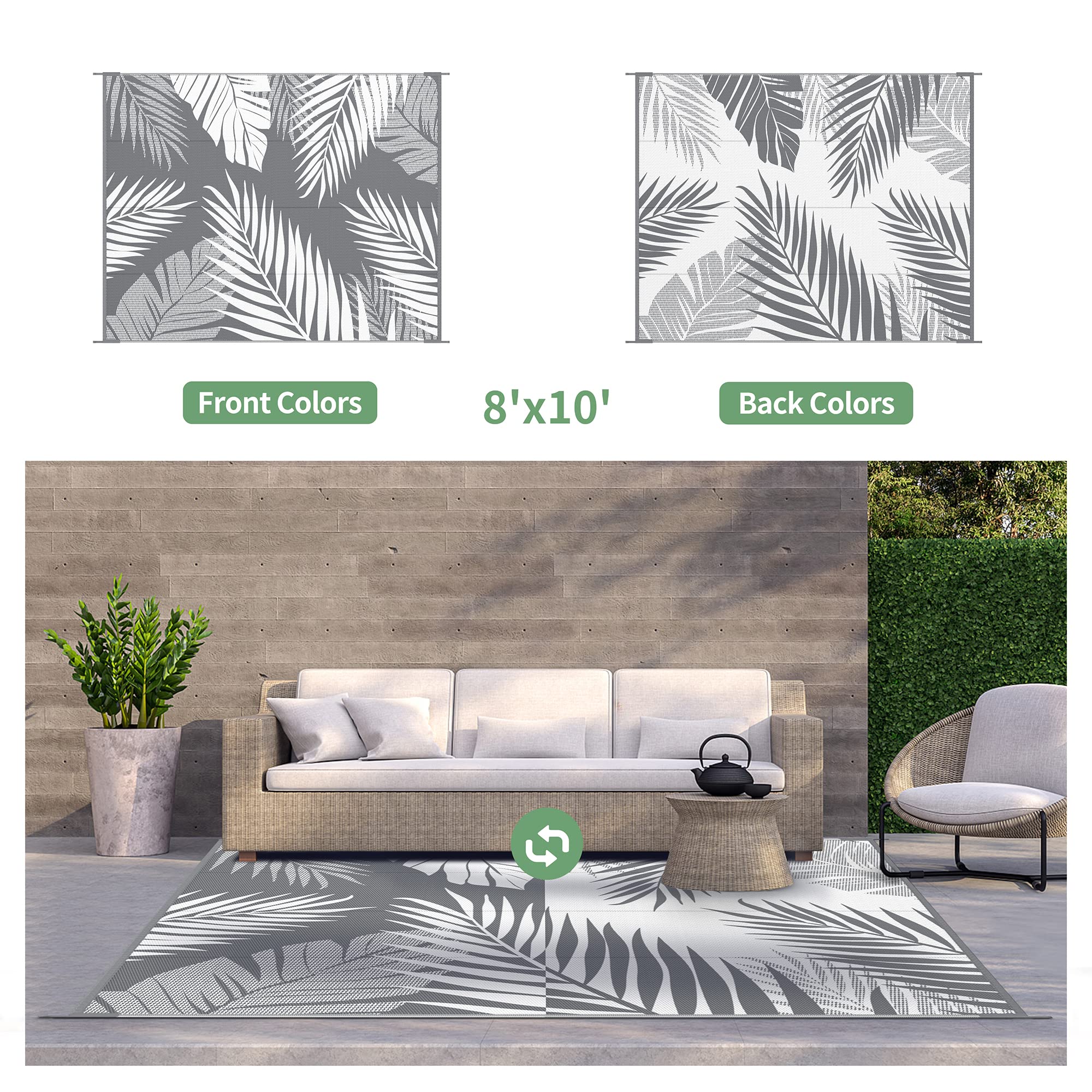 GENIMO Outdoor Rug 8' x 10' Waterproof for Patios Clearance, Reversible Plastic Straw Camping Rug Carpet, Large Area Rugs Mats for RV, Picnic, Backyard, Deck, Balcony, Porch, Beach, Grey&White