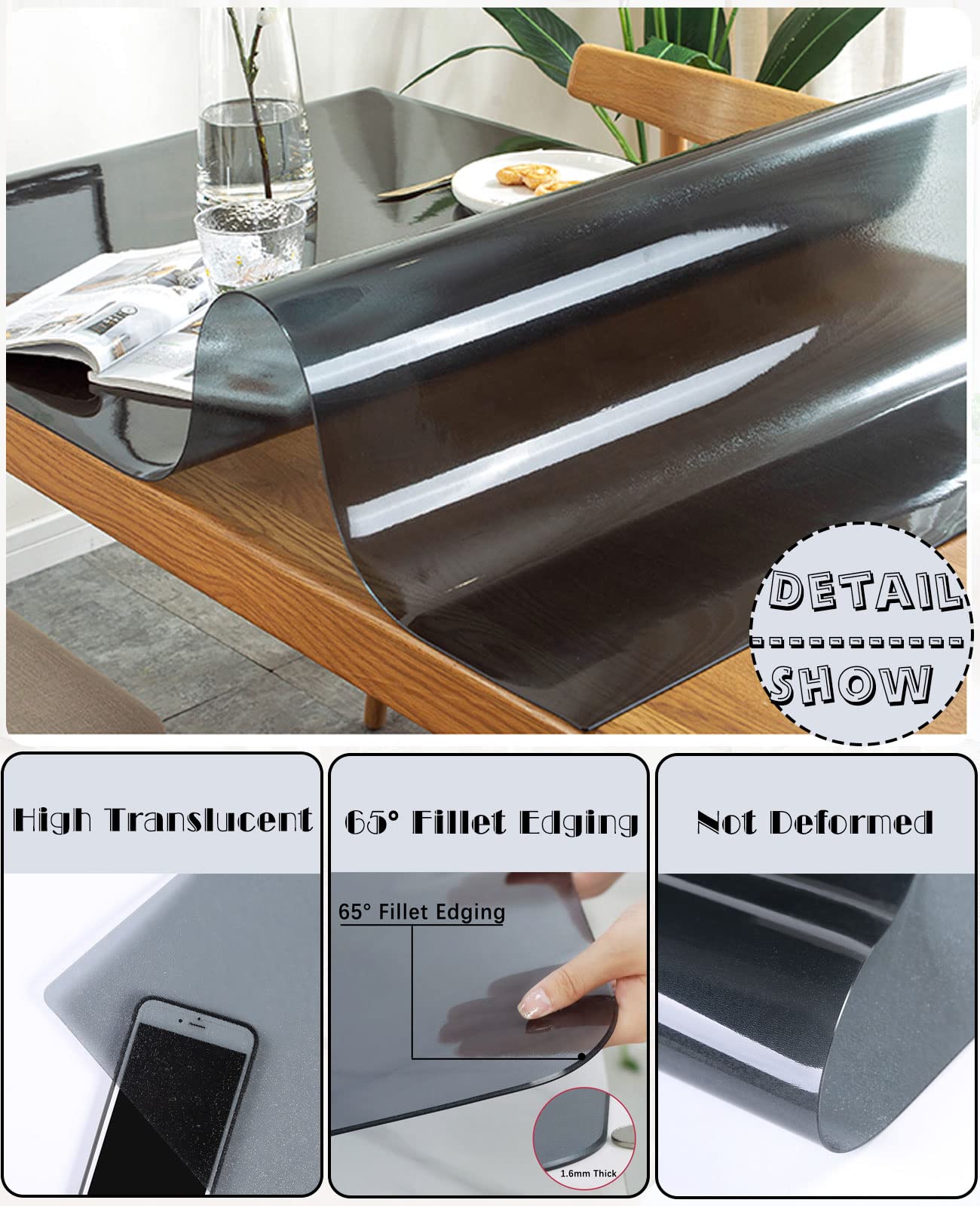 HQYG 1.6mm Thick 54x54 Inches Frosted Table Cover Protector, Square Table Protector for Dining Room Table, Plastic Tablecloth Protector, Table Pad for Kitchen Wood Grain, Black Frosted