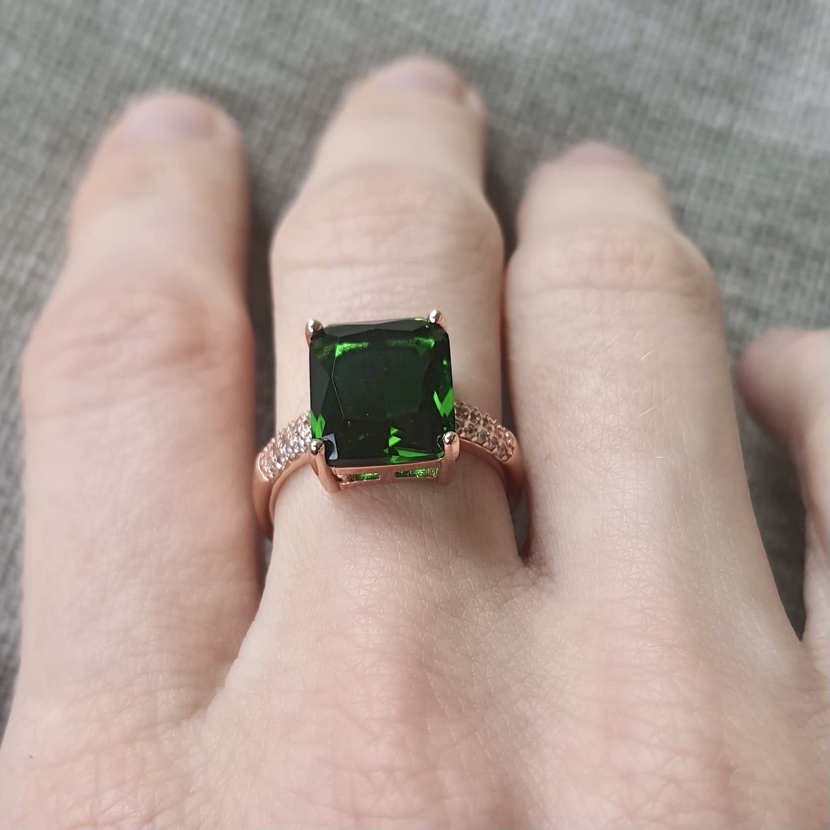 Good Luck Ring for Women. Green Stone Talisman Ring, Dream, Money Ring Rectangular Shape 16K. Birthstone Ring Psychic Spell Ring. (White Gold)