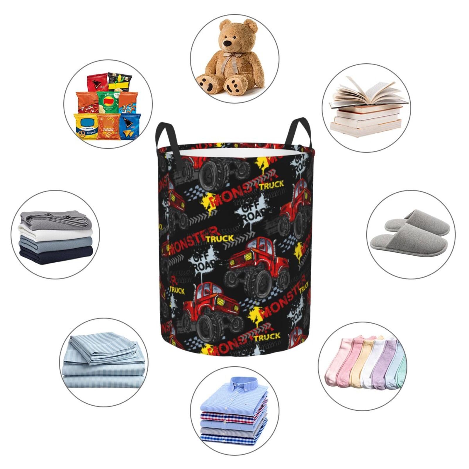Grunge Monster Truck Cars Pattern Laundry Hamper With Handle Foldable Durable Laundry Basket Storage Bin Dirty Clothes Organizer Bag For Bedroom Bathroom Nursery