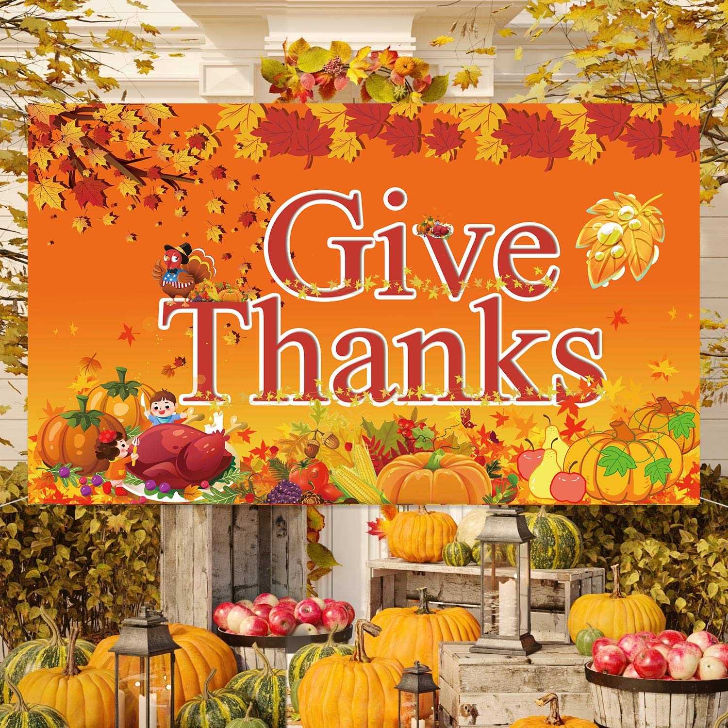 GIVE Thanks Extra Large Fabric Sign Poster Banner Backdrop for Thanksgiving Day Party Decorations with Pattern Pumpkin Maple Leaf Turkey Corn Fruit Welcome Autumn Hang Outdoor Indoor 43.3"x70.8"
