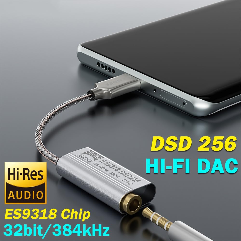 GAMDER USB Type C to 3.5mm DSD256 Hi-Fi Audio Chip Decoder 32bit 384kHz Headphone Amplifier Adapter DAC for Android Phone Mac Windows 10 (ES9318 Chip)