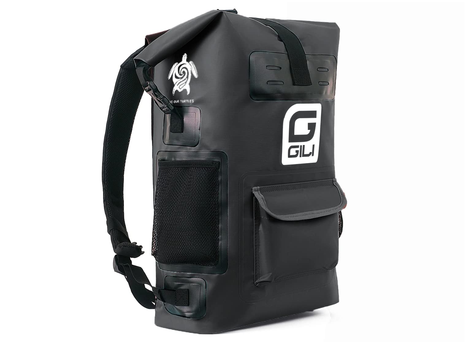 GILI Waterproof Backpack with Roll Top Closure, Easy Access Front Zipper, Side Mesh Pockets & Molle Webbing | Keep Your Gear Completely Dry while Paddle Boarding, Kayaking, Canoeing (28L Black)