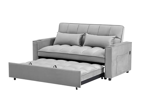 FULife Convertible Loveseat Sofa Futon Couch Sleeper Pullout Chaise Lounge Recliner Chair Reversible Folding Daybed Guest Bed, Gray 63.78" w