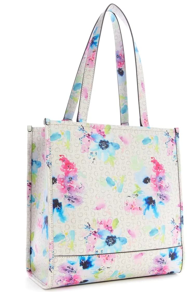GUESS Women's Lacombe Logo Pink Blue Floral & Logo Print Tote Bag Handbag - White Multi
