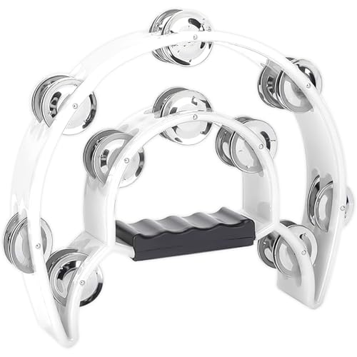 Half Moon Tambourine - Musical Instrument Percussion with Steel Jingle Bells for Drum & Guitar Playing (White)