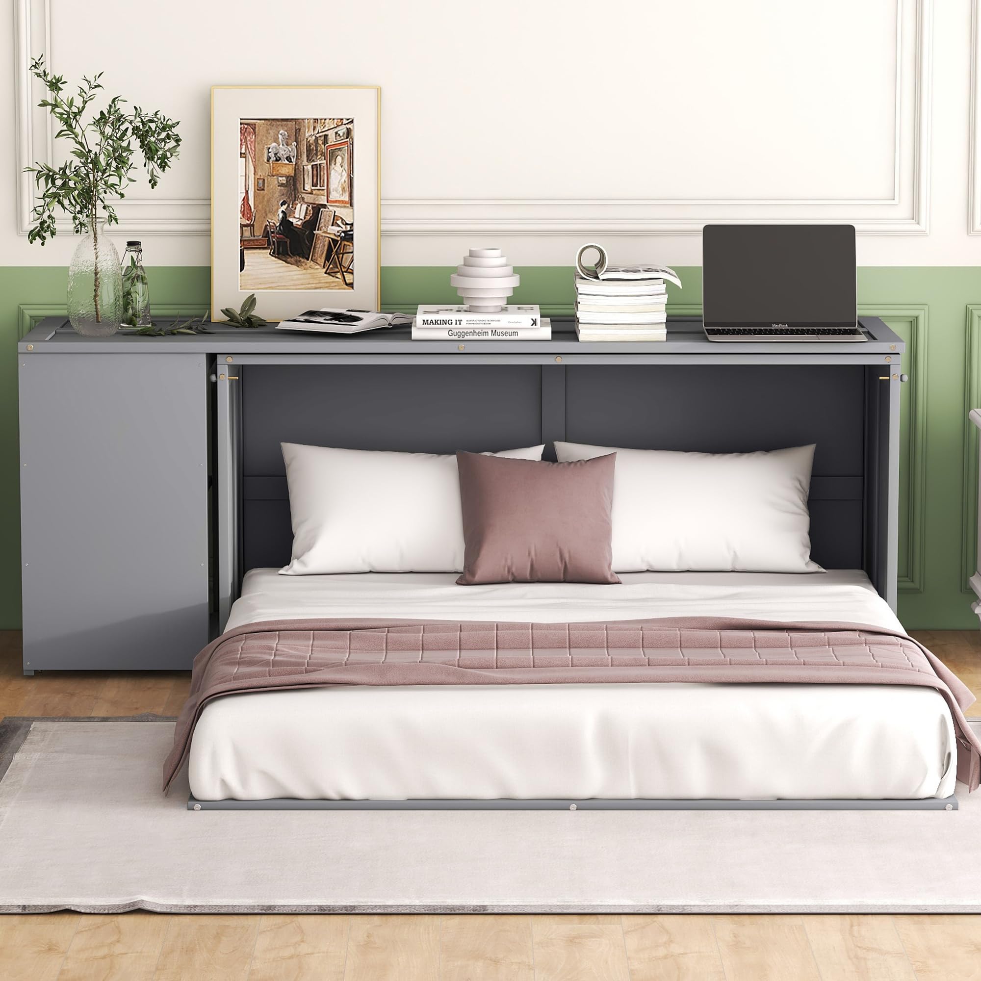 FurniFusion Queen Size Murphy Bed with Rotable Desk and Shelves, Space-Saving Foldable Chest Platform Bedframe, Hiddenbed Cabinet for Multipurpose Guest Room Home Office Bedroom, Gray
