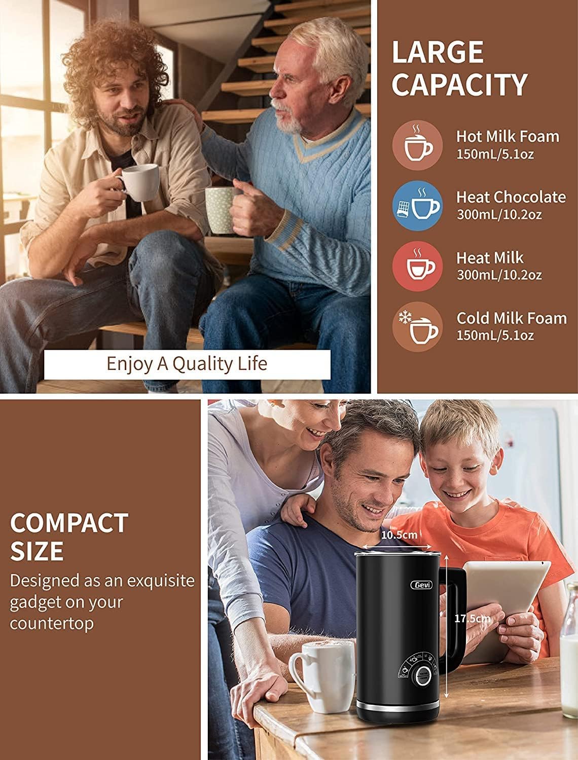 Gevi Milk Frother, 4 in 1 Automatic Electric Milk Steamer, Cold and Hot Milk Foam Maker & Milk, Chocolate Warmer for Cappuccino, Hot Chocolates, Macchiato, Latte, NTC Temperature Control System, Black