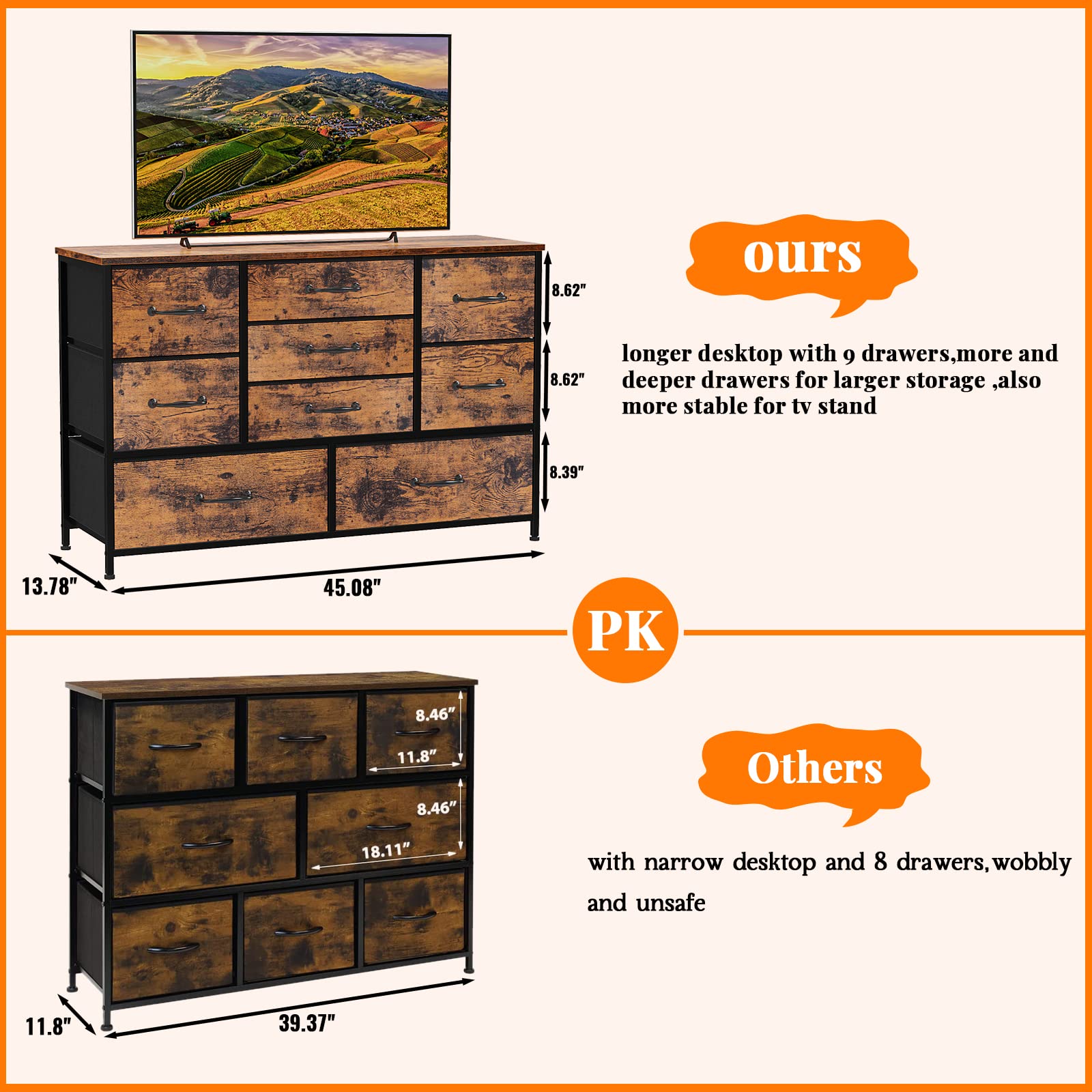Furnulem Wide Dresser with 9 Large Drawers for 55'' Long TV Stand Entertainment Center,Wood Shelf Storage for Bedroom,Living Room,Closet,Entryway,Sturdy Metal Frame (Rustic Brown