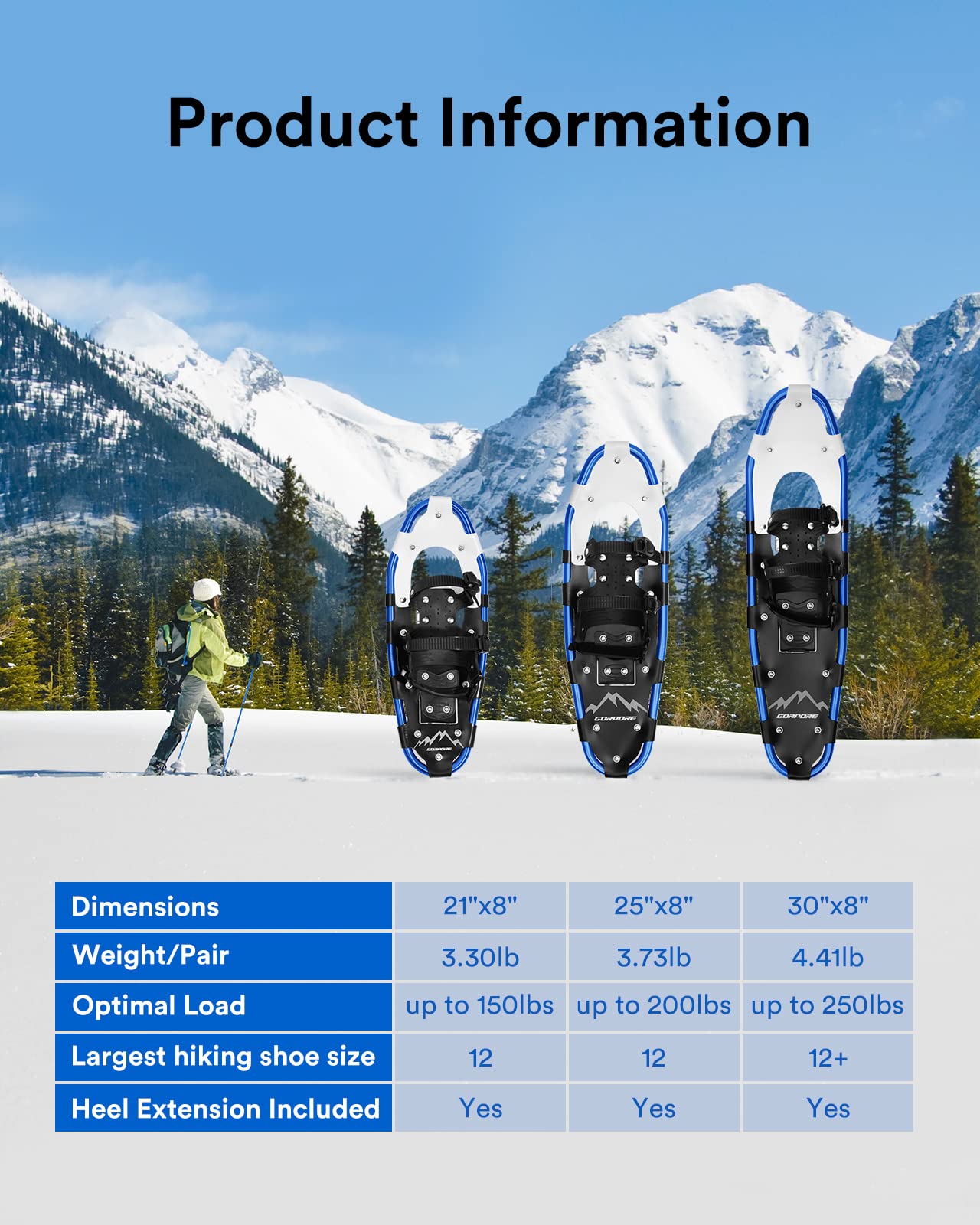 GORPORE All Terrain Snowshoes (Blue, 30" (Up to 250lbs))