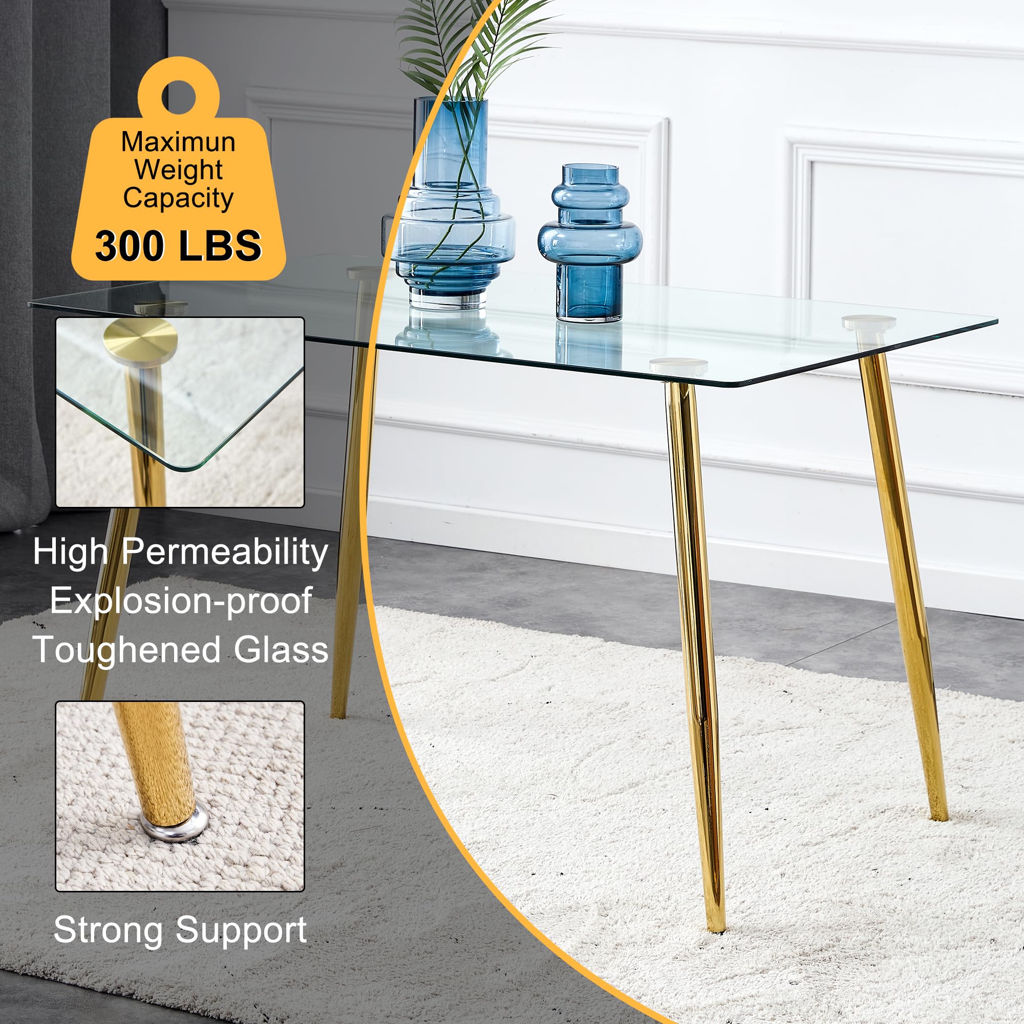 FURNITO Glass Dining Table Set for 4, 51 Inch Rectangular Dining Table with Tempered Glass Top, Black Linen Spoon Dining Chairs, Modern Gold Leg Dining Table and Chair Set