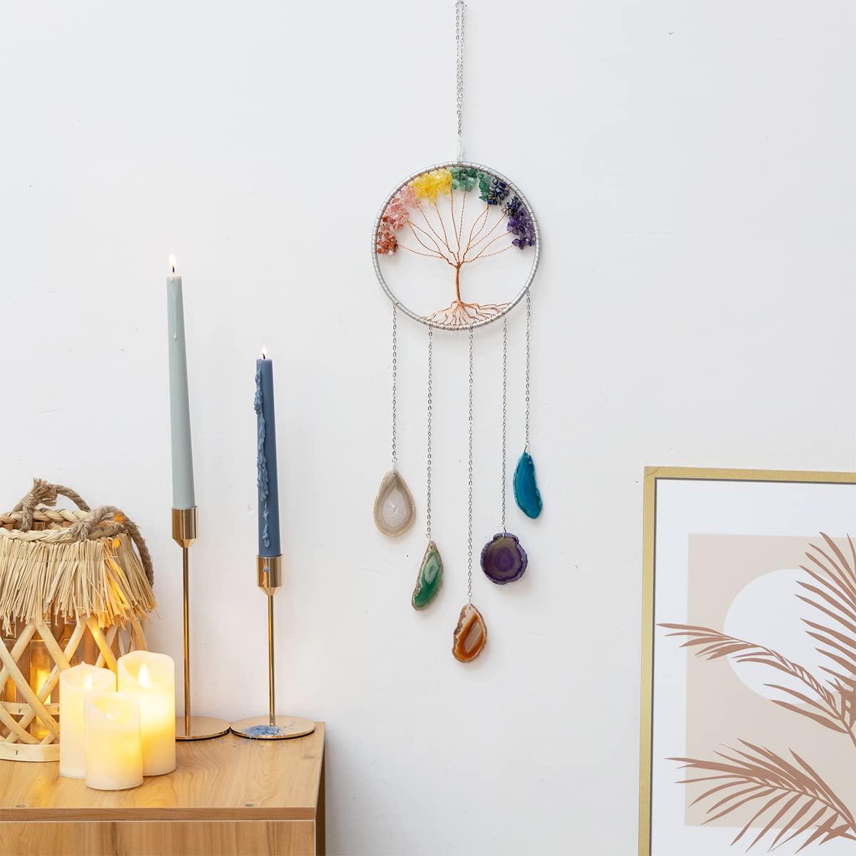 Gem Dream Catchers Agates 7 Chakra Gemstone Wall Hangings Tree of Life Meditation Ornament Home Chakra Feng Crystals Decor Stoneā¦