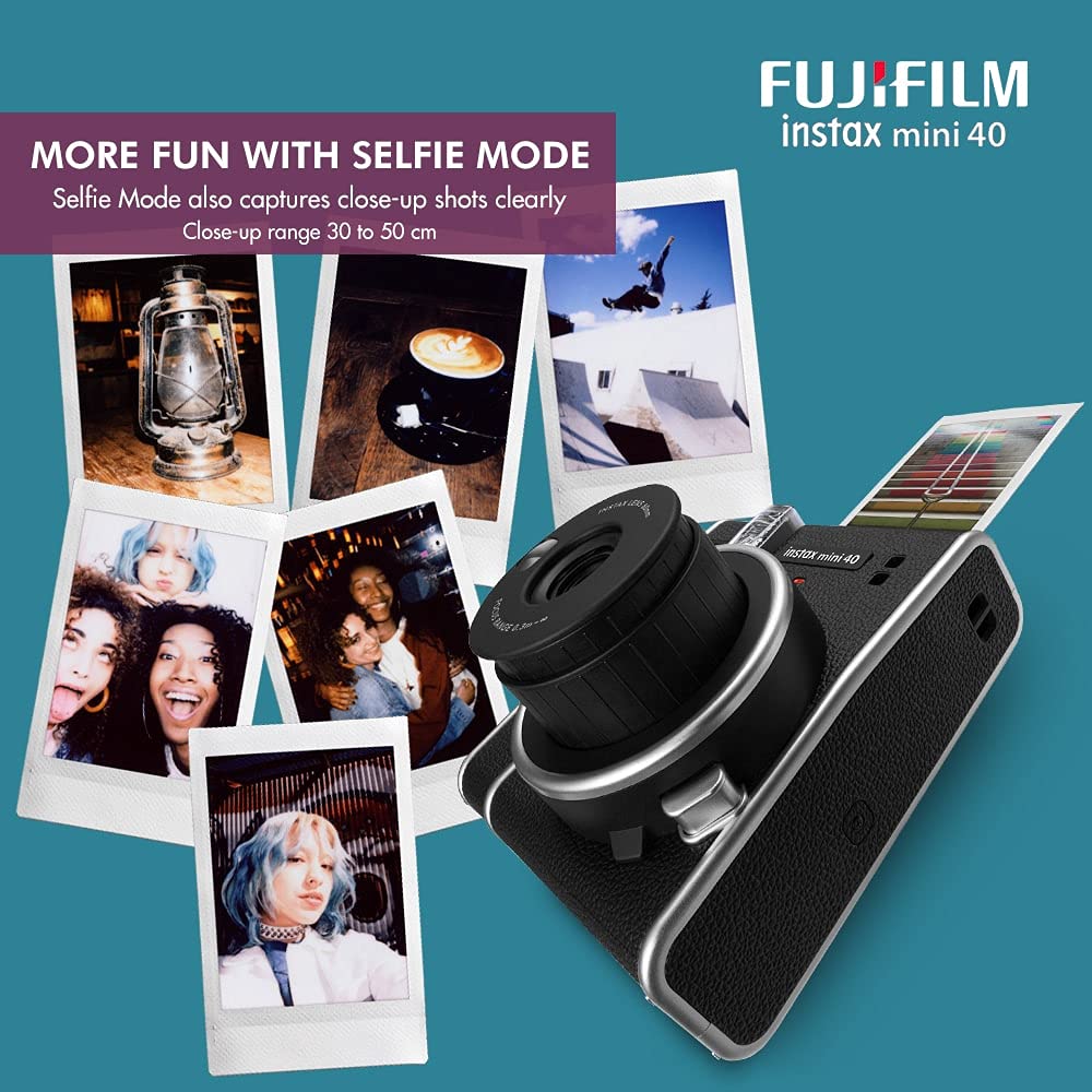 Fujifilm Instax Mini 40 Instant Film Camera (Black) Bundle with (20) Instax Mini Instant Film Shots + Padded Carrying Bag + (4) Rechargeable Batteries + Deluxe Cleaning Kit