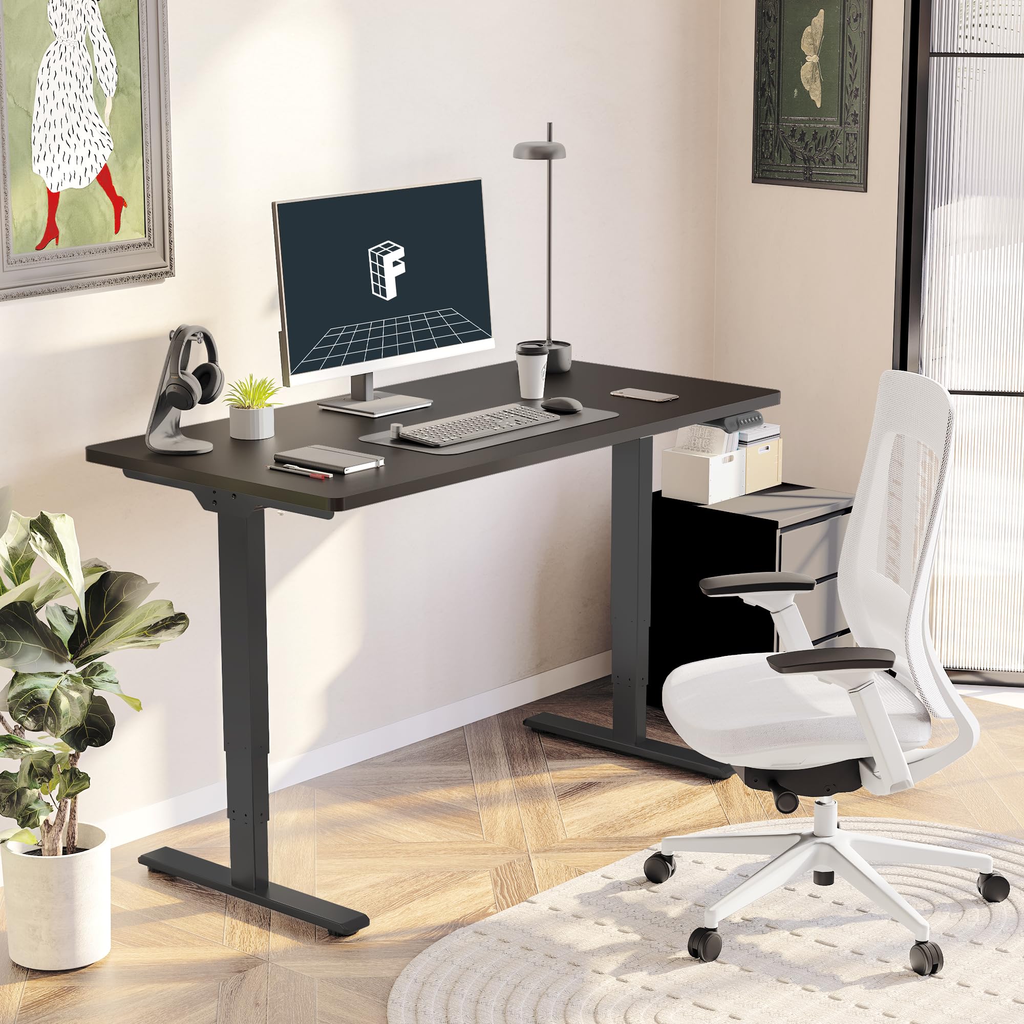 FLEXISPOT E6 Essential 3 Stages Dual Motor Electric Standing Desk 48x30 Inch Whole-Piece Board Height Adjustable Desk Electric Sit Stand Desk(White Frame + Walnut Desktop)