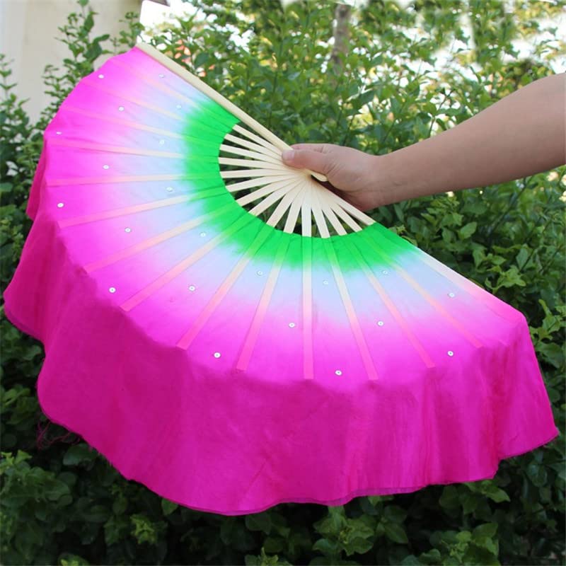 Hand Fans Folding fan 2pcs Chinese Short Bellydance Fan 30cm Bamboo+10cm Half Circle Silk Veil Pairs Yangko Dance Bamboo Fans Hand Dye Adults (Color : MULTI, Size : Right left hand)