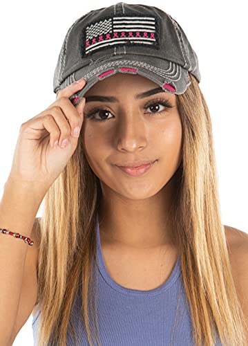 Funky Junque Breast Cancer Ribbon Baseball Cap - American Flag w/Ribbons - Black