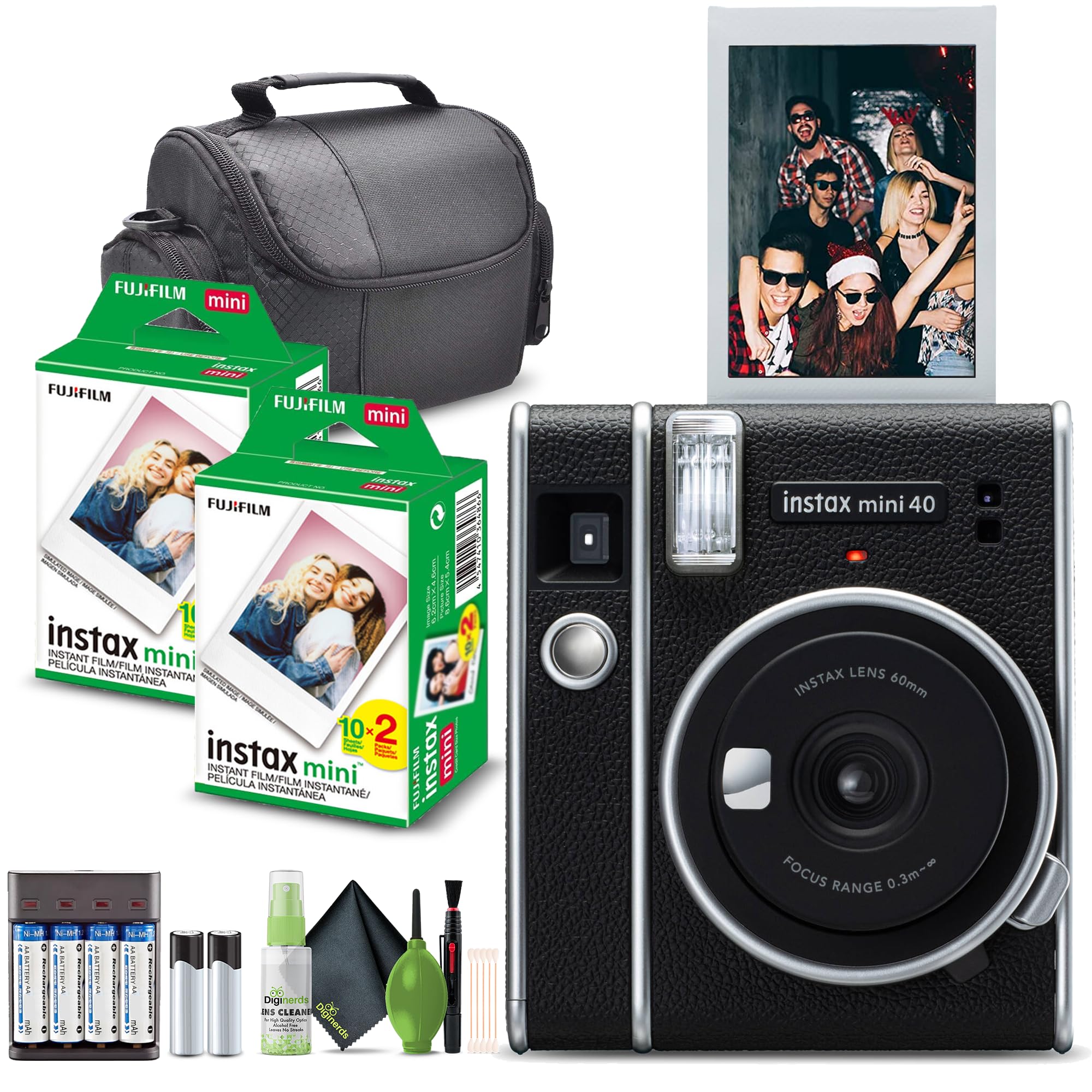 Fujifilm Instax Mini 40 Instant Camera Black Vintage Style Bundle with Fuji Instax Mini Film 40 Sheets + 4 Rechargeable Batteries and More Perfect Camera for Kids, Wedding, Birthday Or Any Occasion