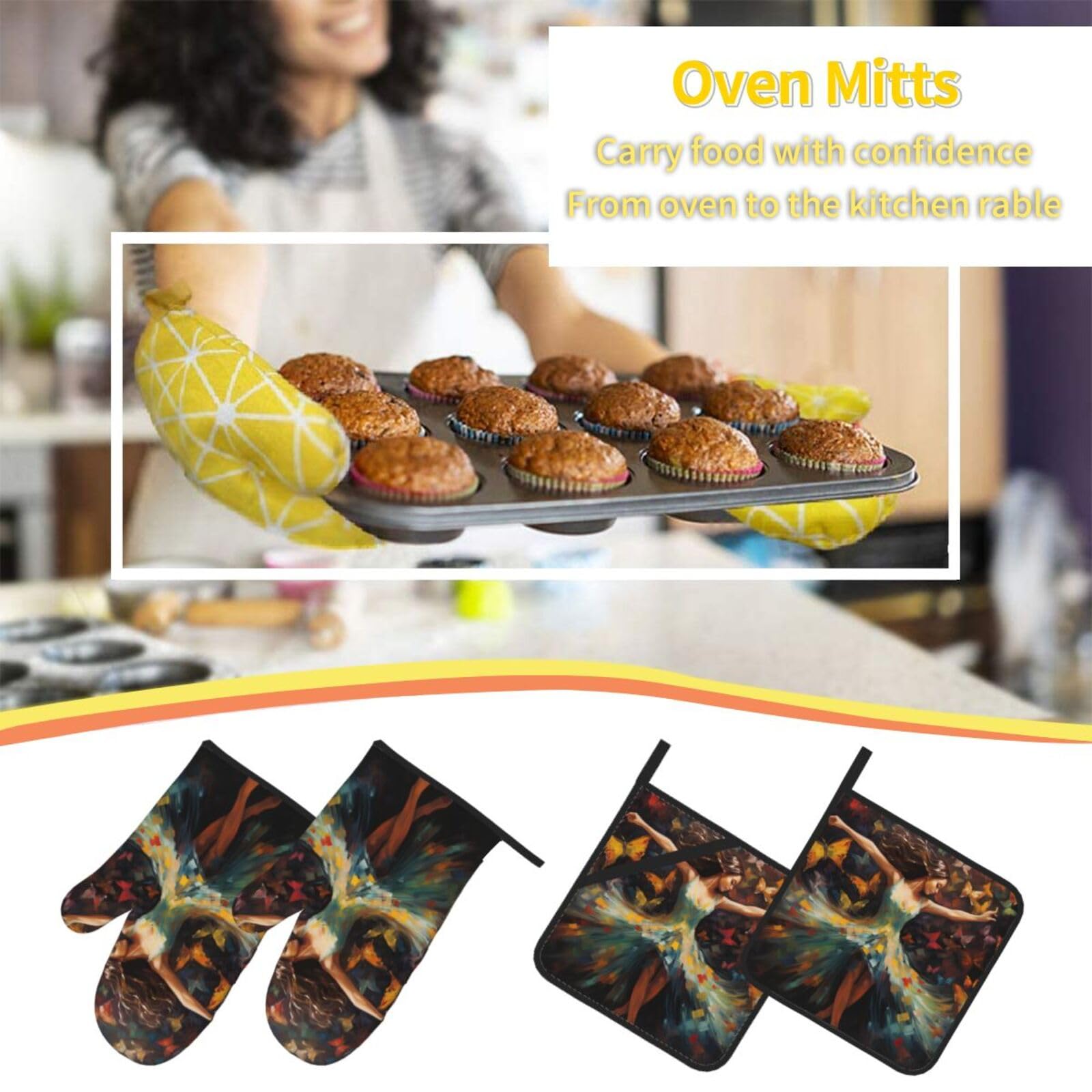 Girl Dance Butterfly Kitchen Baking 4-Piece Set–Heat Resistant Oven Mitts and Pot Holders Kitchen Hot Pads