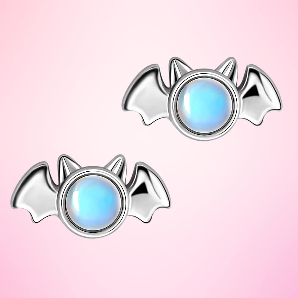Halloween Moonstone Bat Earrings Sterling Silver Vampire studs for Women Hypoallergenic Piercing Stud for Sensitive Ears Fashion Gothic Jewelry
