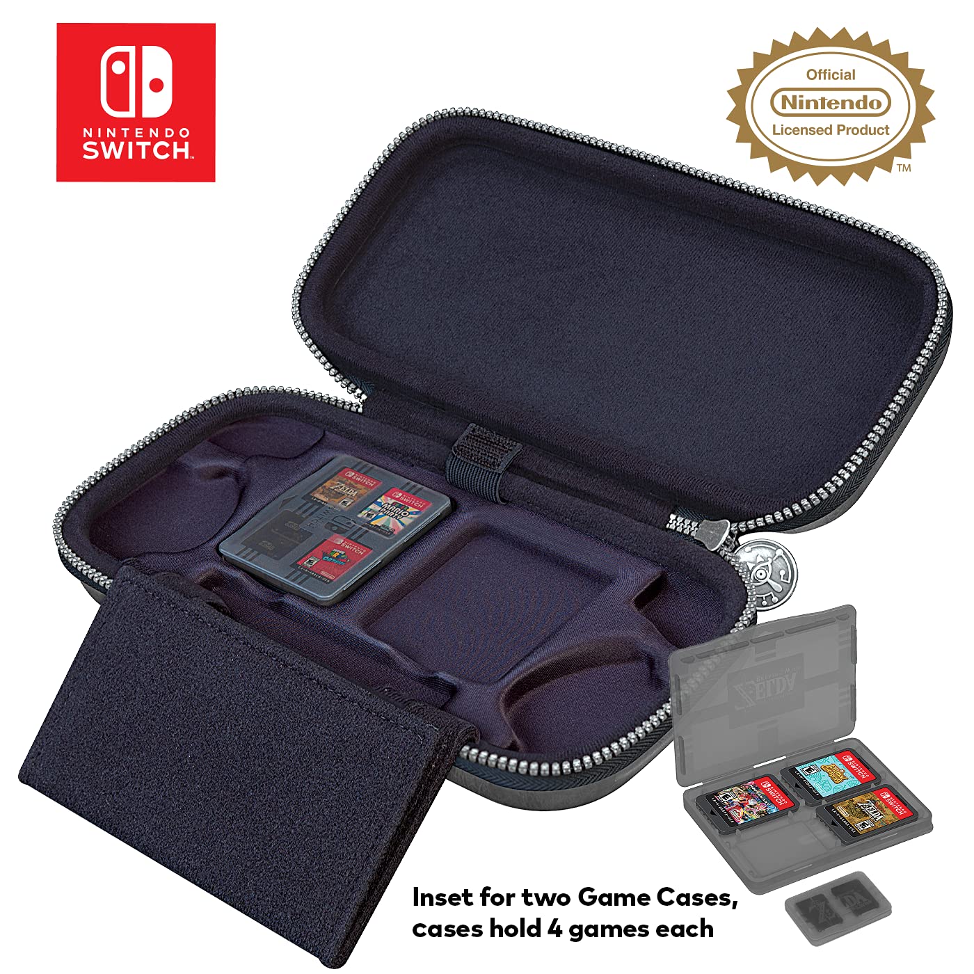 Game Traveler Zelda Nintendo Switch OLED Case - Fits Switch OLED, Original Switch & Switch Lite, Adjustable Viewing Stand & Bonus Game Cases, Deluxe Carry Handle, Licensed Nintendo Switch game case