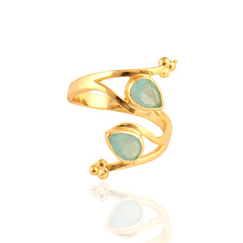 Guntaas Gems Beautiful Aqua Chalcedony Pear Shape Gold Plated Handmade Adjustable Ring For Gift Jewelry