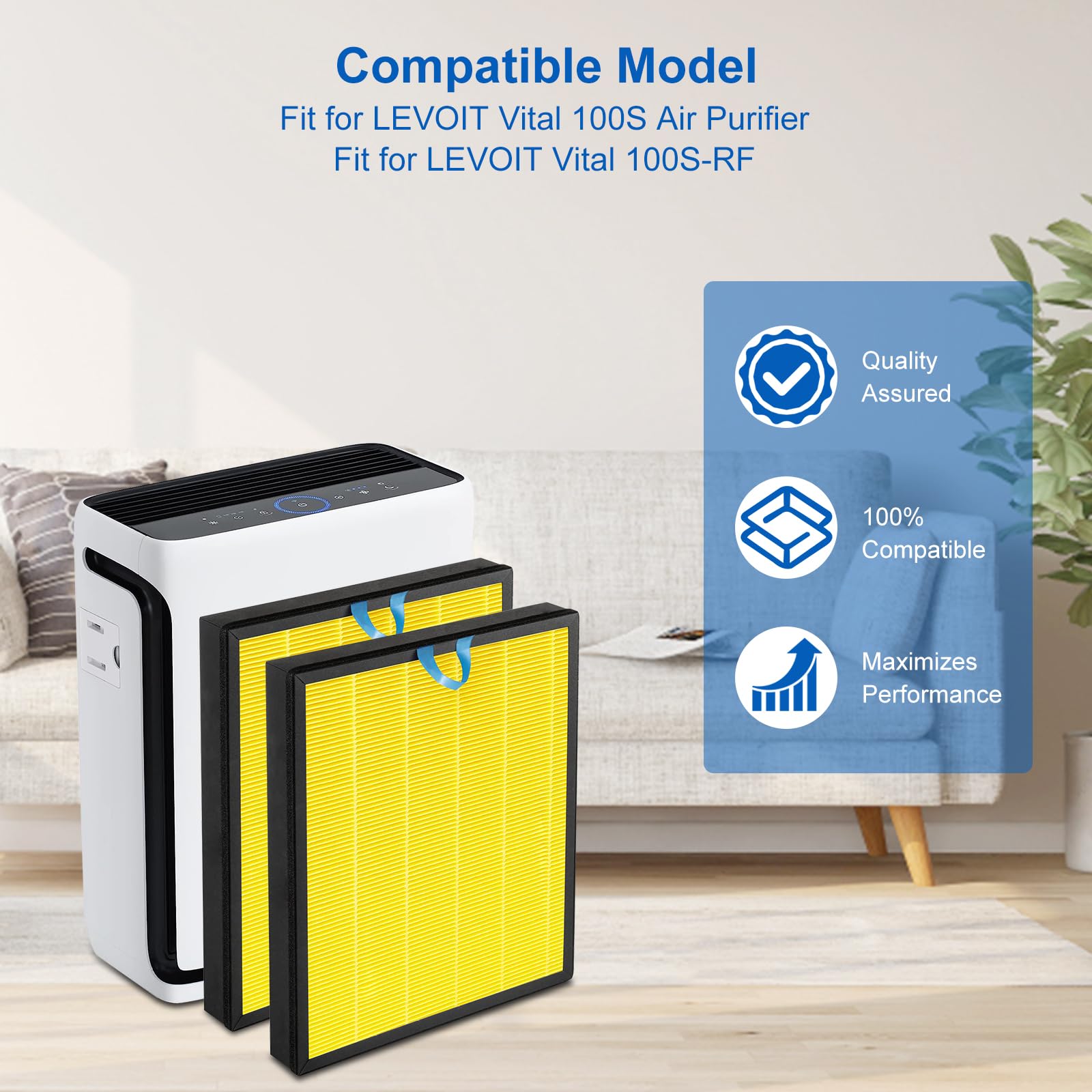 Vital 100S Pet Replacement Filter Compatible with Levoit Smart WiFi Vital 100S Air Puri-fier, 3-in-1 H13 HEPA and High-Efficiency Activated Carbon Filter, Vital 100S-RF, 2 Pack.