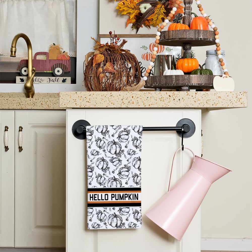 GEEORY Fall Kitchen Dish Towels Set of 2 for Fall Decor,Hello Black Printed Stripes Pumpkin 18x26 Inch Drying Dishcloth,Farmhouse Home Decoration GD117
