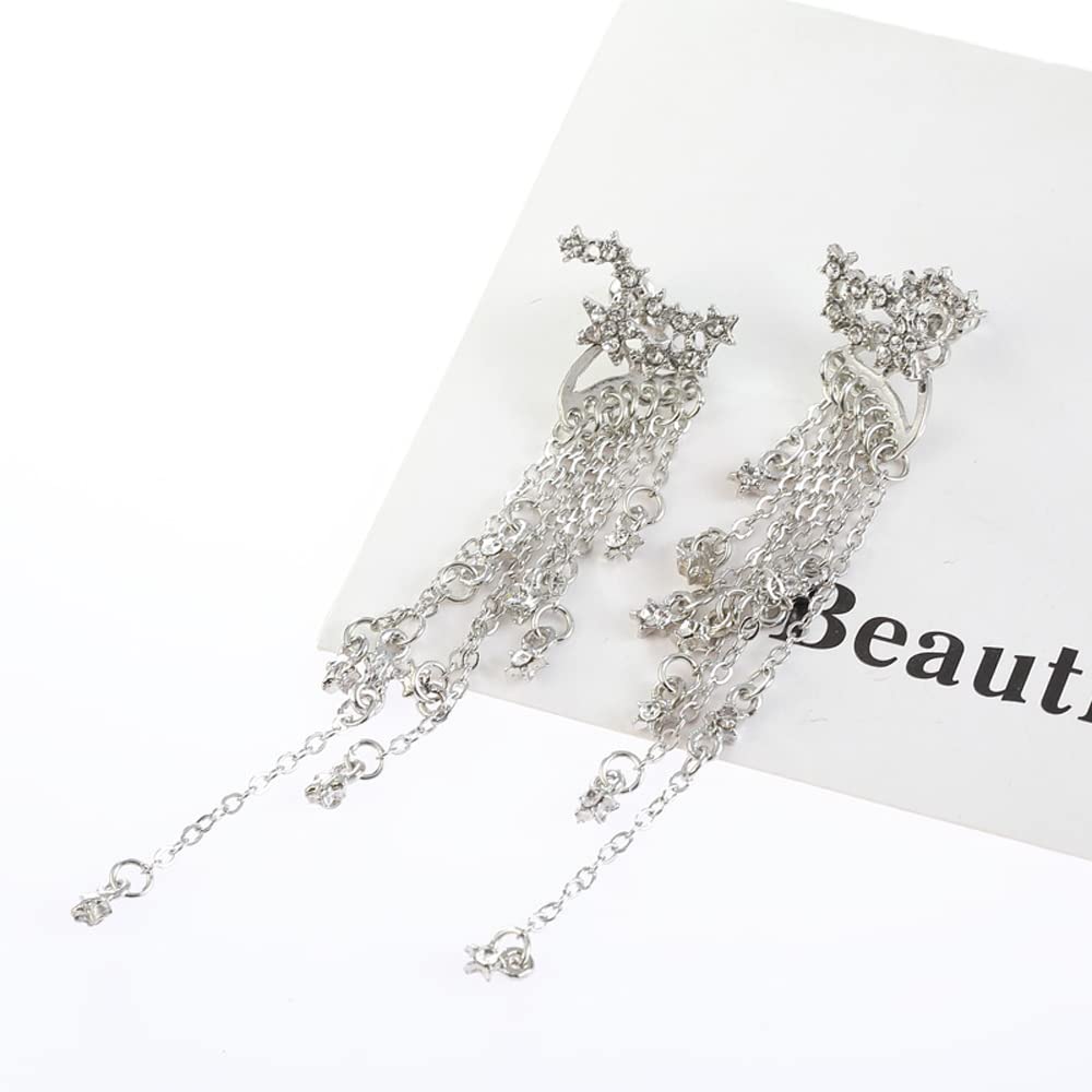 Girlssory Shining Stars Tassel Earrings Hanging Exquisite Earrings for Women (Silver)