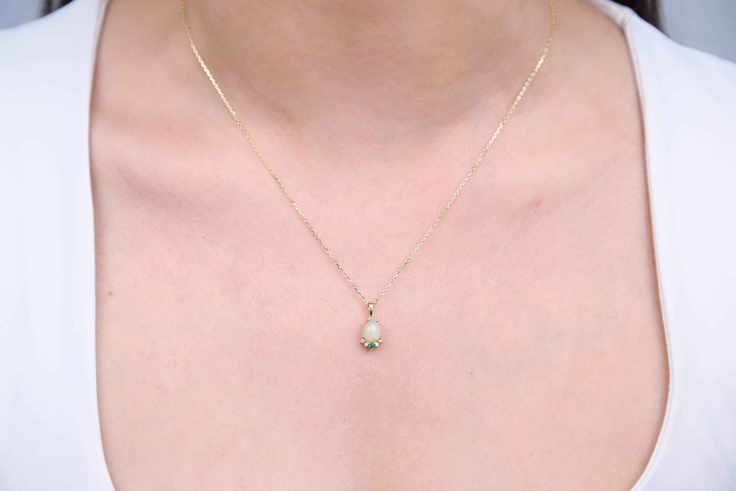 Gin & Grace 10K Yellow Gold Ethiopian Opal and Emerald Pendant Necklace with Diamonds for women | Ethically, authentically & organically sourced (Pear) shaped opal hand-crafted jewelry for her