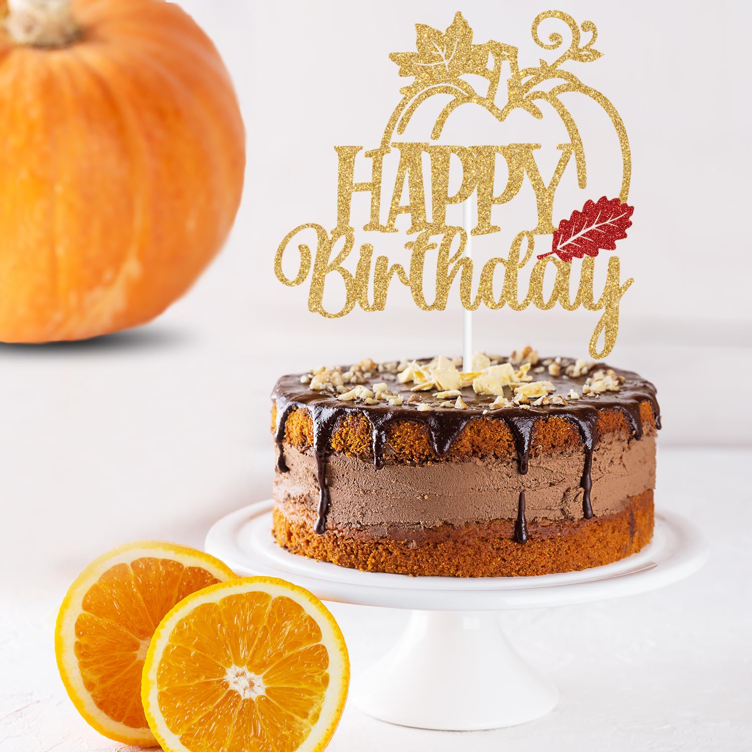Gold Glitter Pumpkin Happy Birthday Cake Topper, Pumpkin Themed Birthday Party Decorations, Autumn Fall Maple Leaves Birthday Party Decorations Supplies