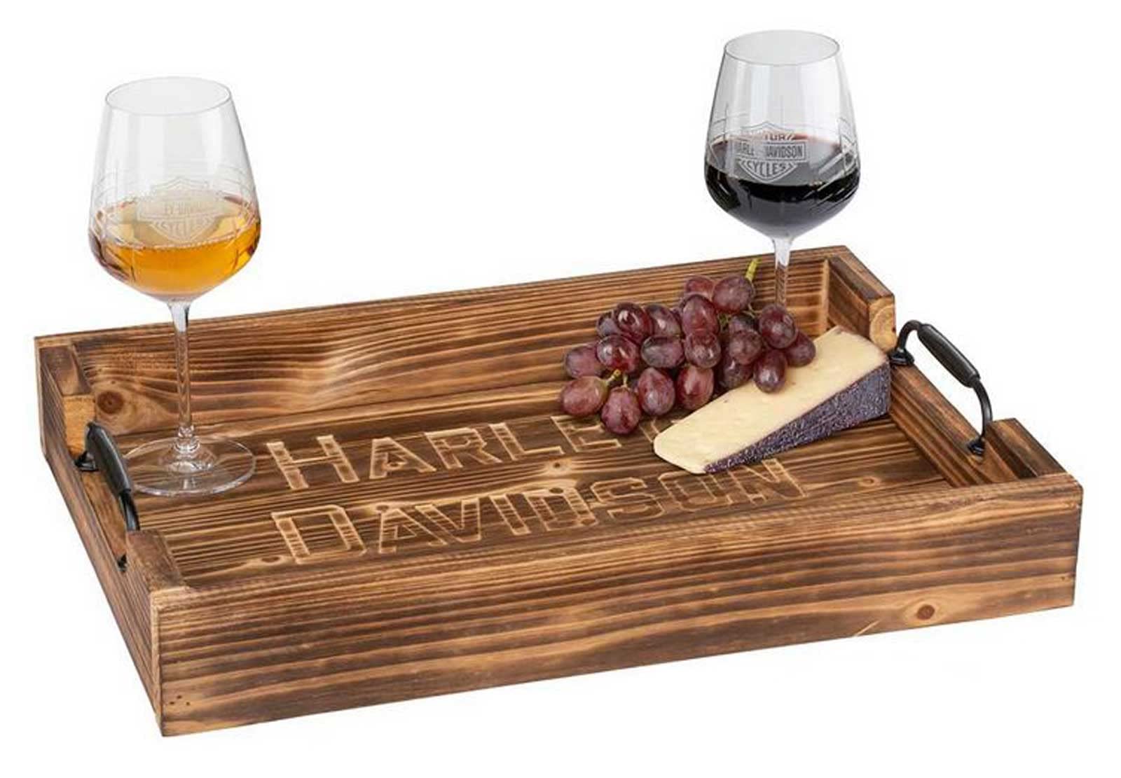 Harley-Davidson Motor Co. Solid Wood Serving Tray w/Four Coasters, Engraved Logo