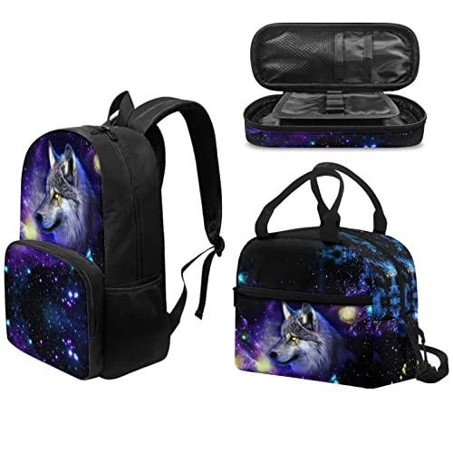Renewold 3 Pack Galaxy Wolf Print Kids Backpack Set Child Teens Bookbag Student Book Bag Set Daypack with Lunch Box Pencil Case Set for Primary Middle School Girls Boys Lightweight