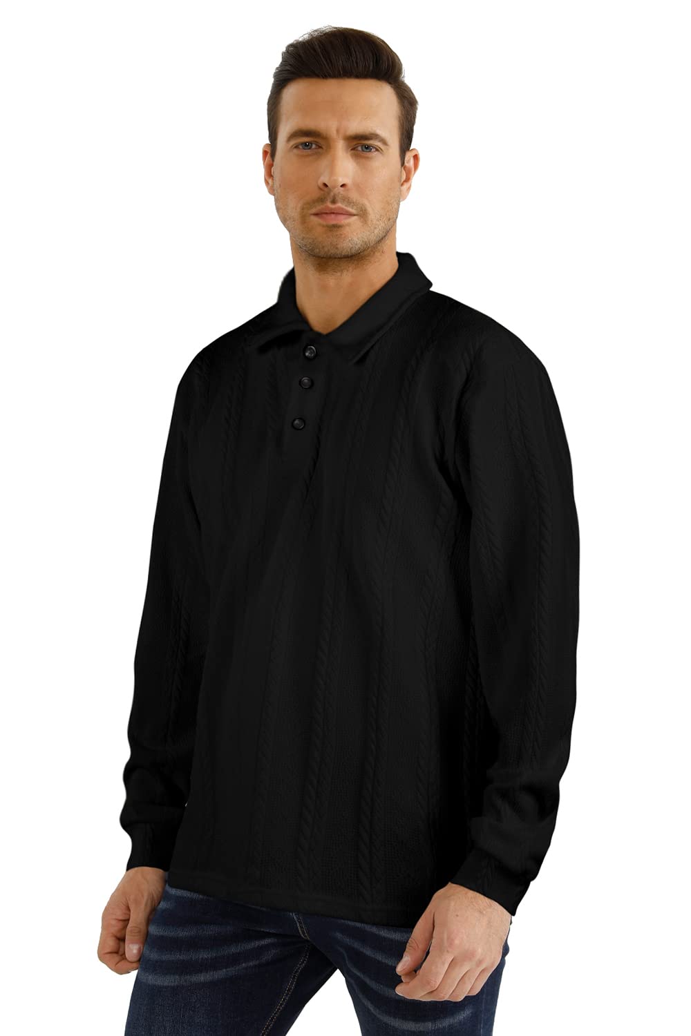 GINGTTO Mens Long Sleeve Collared Polo Sweater Cotton Ribbed Knit Golf Shirt for Men Black XL