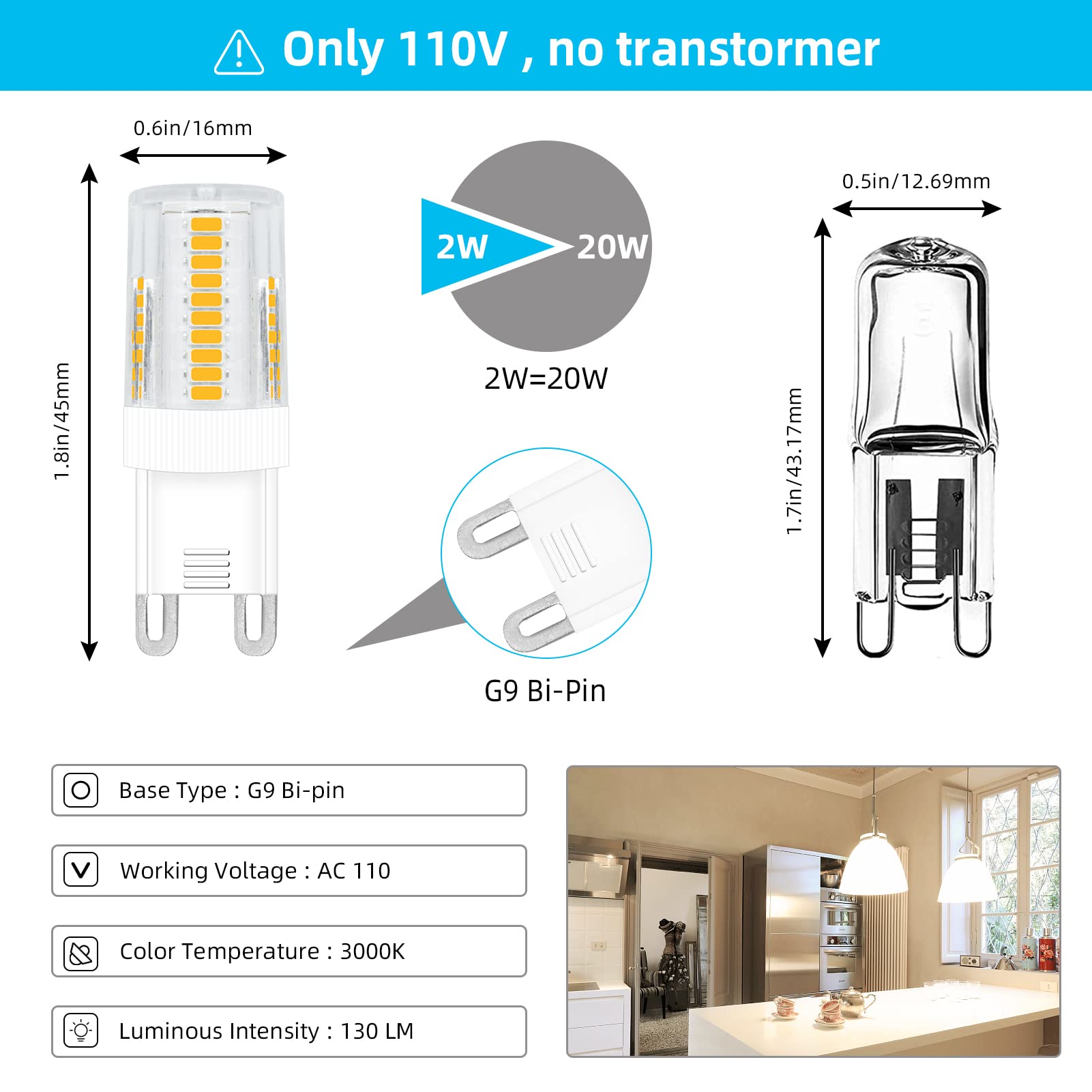 G9 Led Light Bulbs Dimmable Warm White 3000K T4 JCD Type 110V 2W Ceramic Bulb,20W Halogen Equivalent Replacement Lamp for Home Lighting 5-Pack