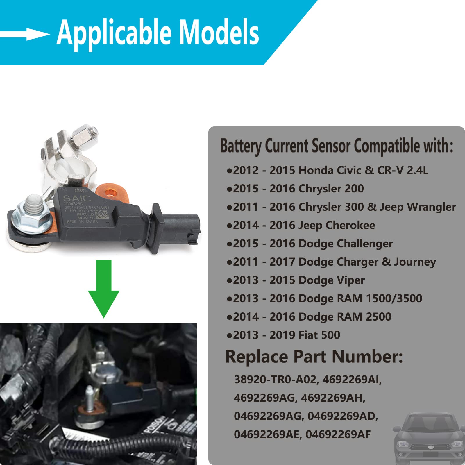 Gelunxin Battery Current Sensor Compatible with Honda Civic CR-V 2.4L 2012-2015 & Jeep Chrysler Dodge Fiat 500, Battery Voltage Temperature Sensor Replace# 38920-TR0-A02 4692269AI