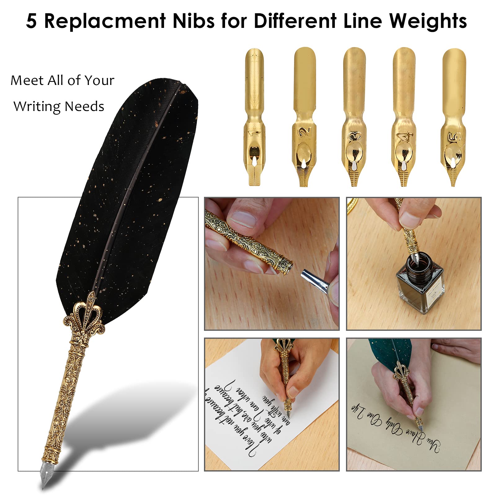 FunWr1te Quill Pen and Ink Set - Antique Goose Feather Calligraphy Pen Set Includes Dipping Pen, 5 Replacement Nibs, Ink, Letter Opener and Pen Holder (Black)