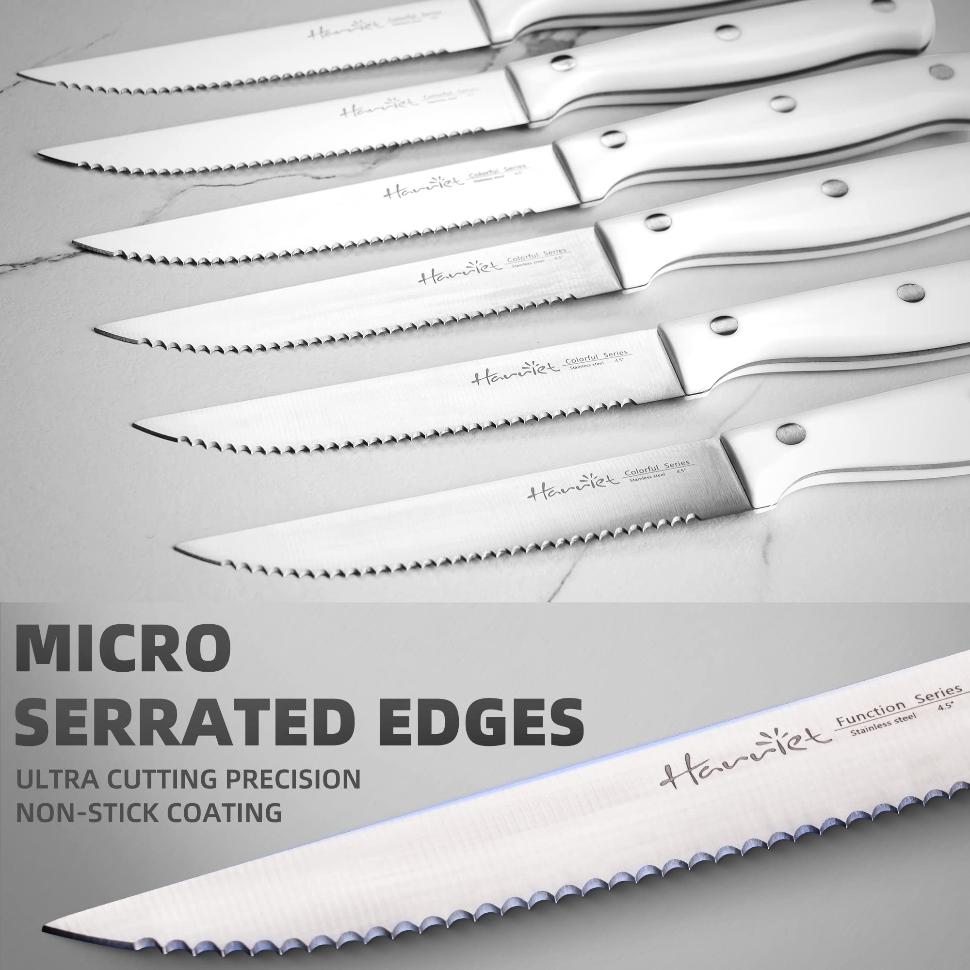 harriet Steak Knife Set, Serrated Steak Knives Set of 6, Full Tang German Stainless Steel Steak Knives, White