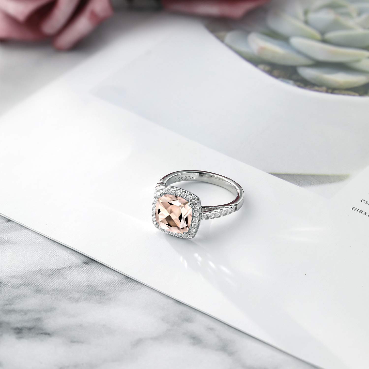 Gem Stone King 925 Sterling Silver Peach Morganite and White Created Sapphire Women Engagement Ring (2.38 Cttw Cushion 8MM, Available In Size 5, 6, 7, 8, 9)