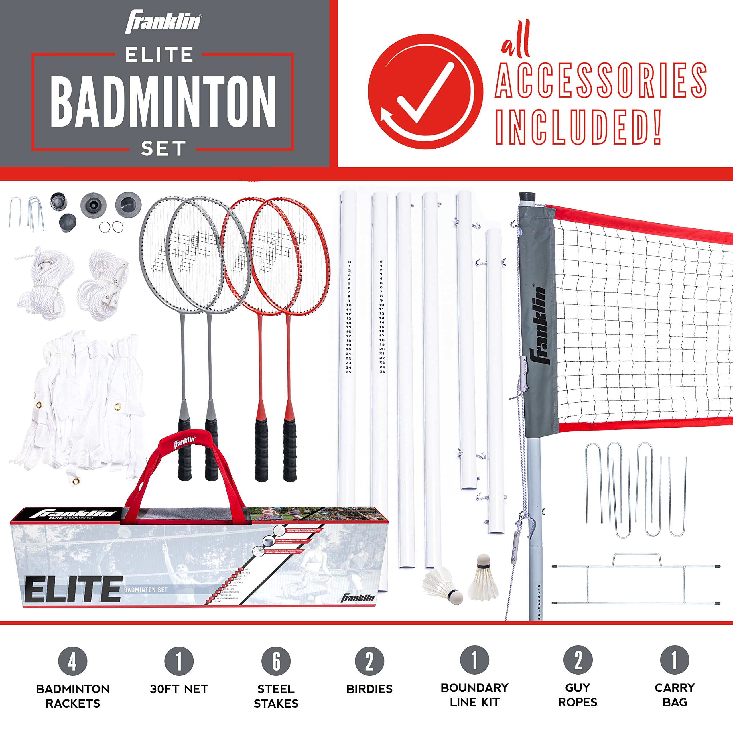 Franklin Sports Elite Badminton Net Set - Includes Badminton Rackets, Poles/Net, Stakes, Ropes, Boundary Kit - Beach or Backyard Volleyball Badminton- Easy Setup,Black