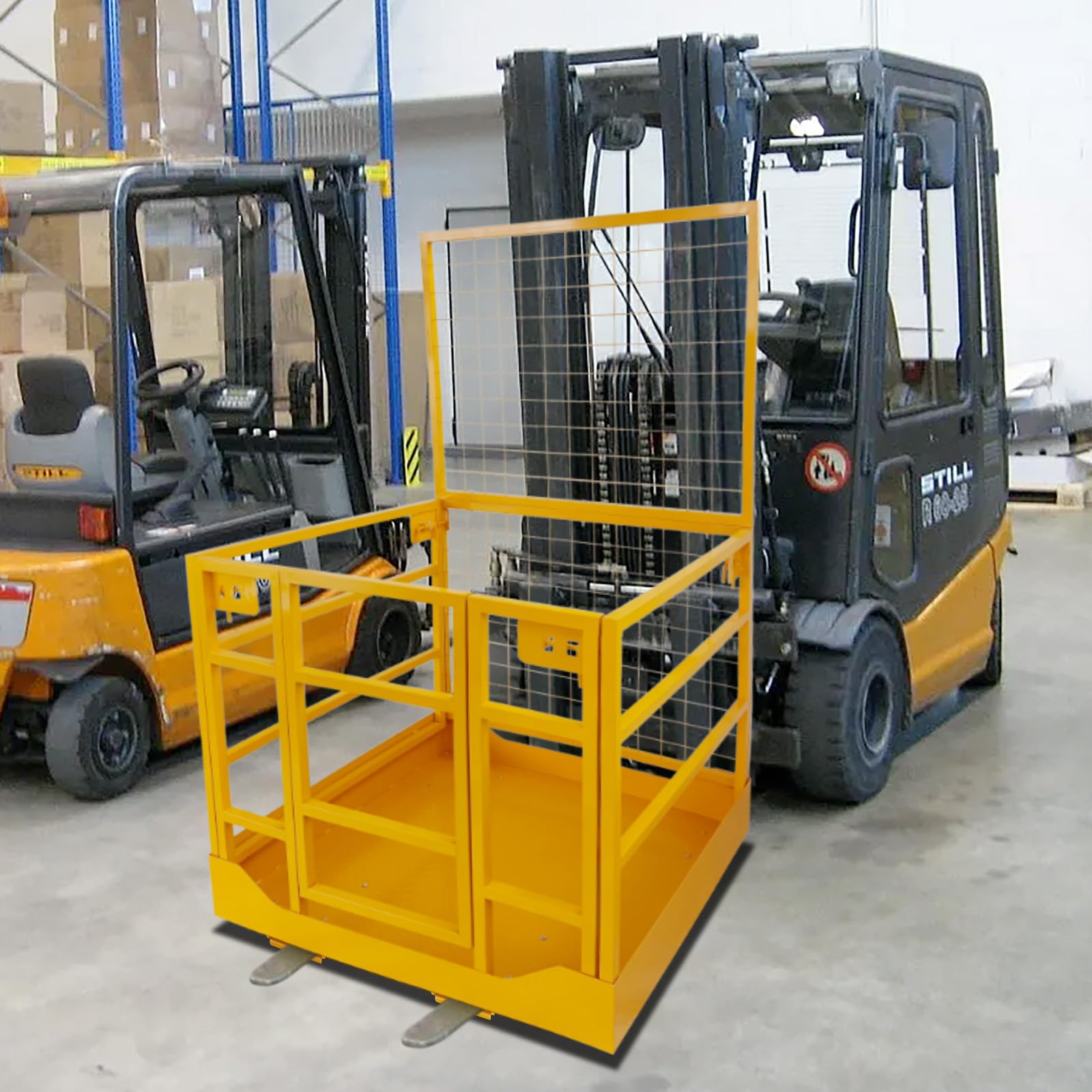 Forklift Safety Cage, 43" x 45" Forklift Basket with Wheel, 1400 lbs Capacity Folding Forklift Work Platform with with Safety Harness, Collapsible Aerial Platform for Lifting Loader