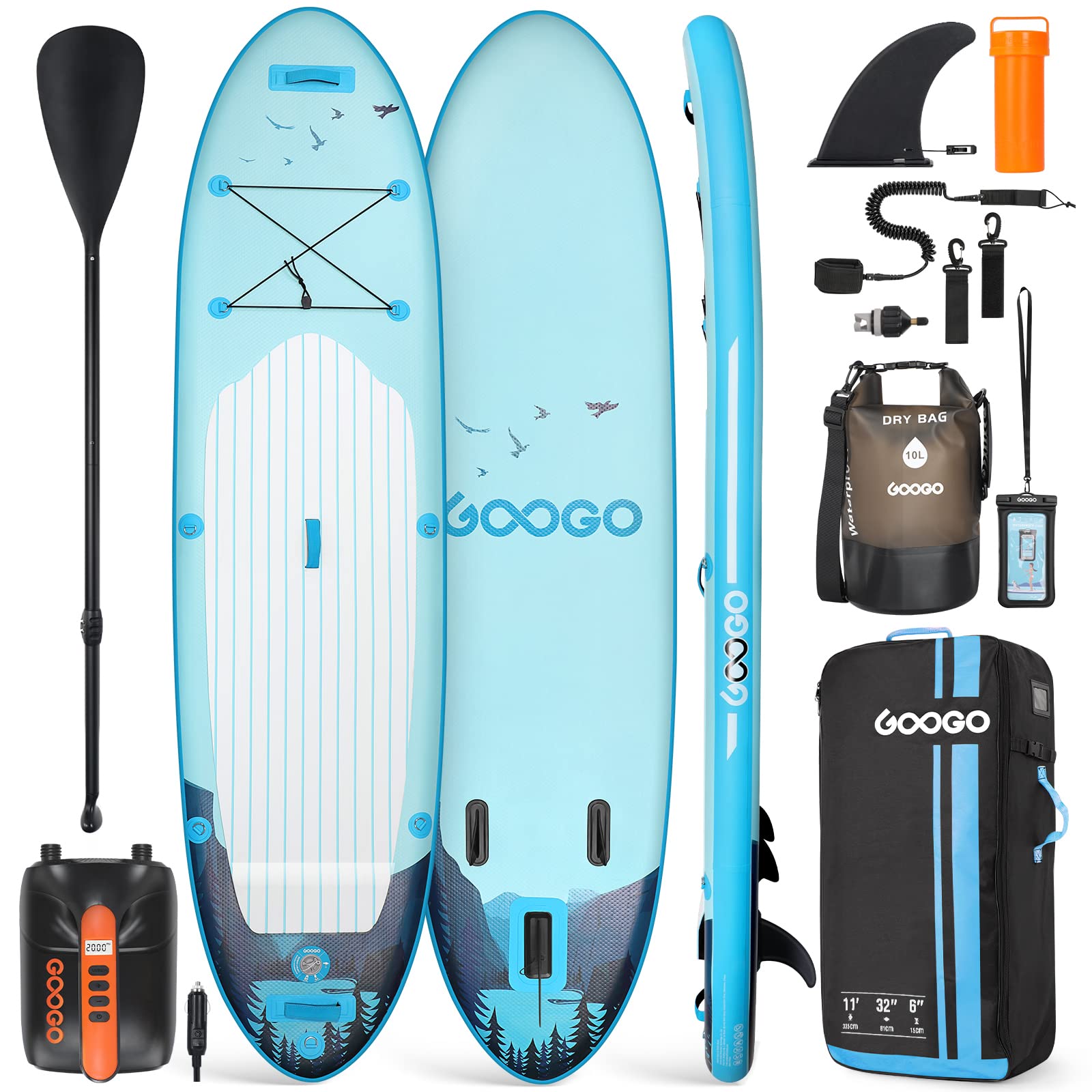 Googo Inflatable Paddle Board, Extra Wide Stand Up Paddleboard with SUP Accessories, Adjustable Paddle, 3 Fins, Electric Pump, Backpack, Leash, Dry Bag & Phone Bag, Ideal for Men Women & Youths