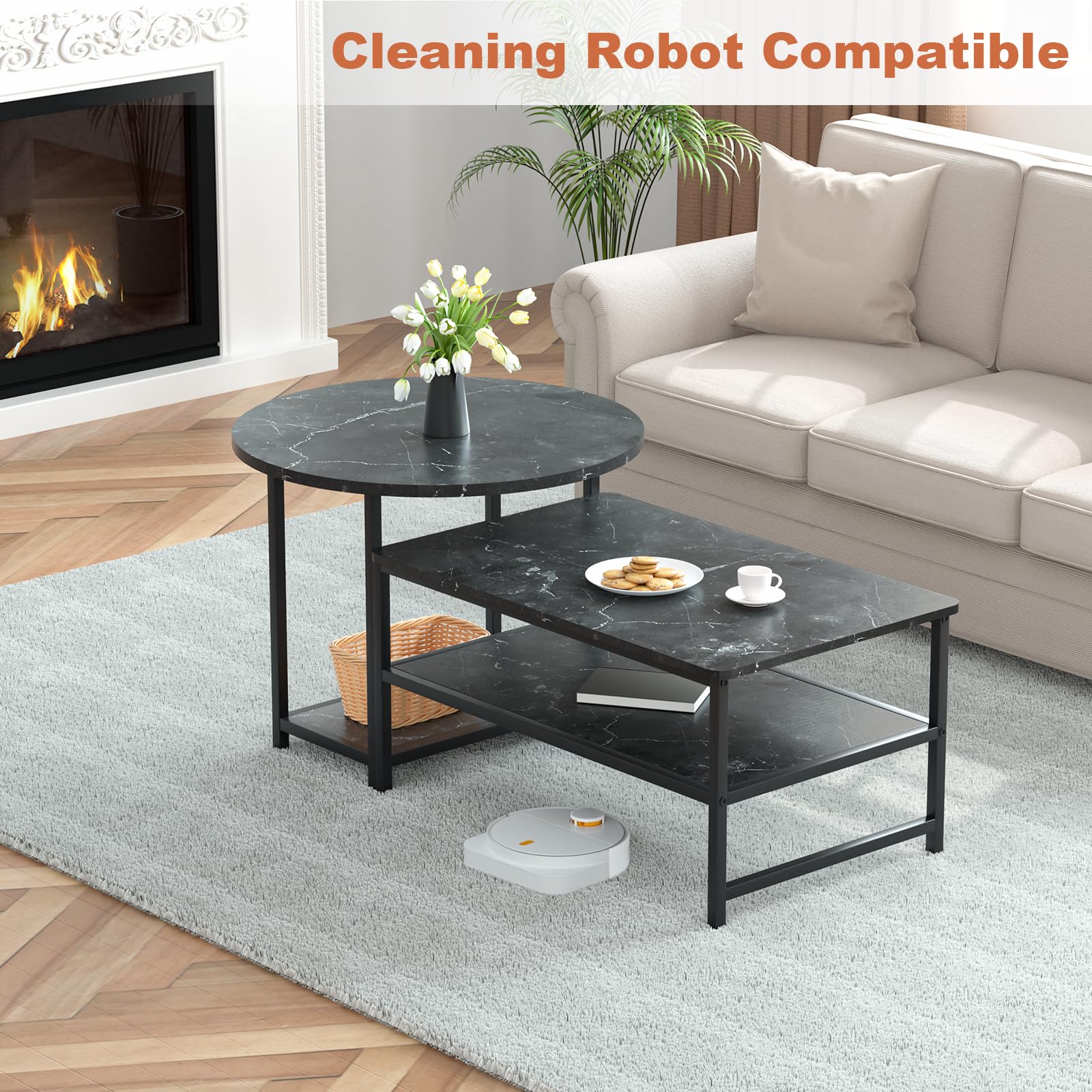 WOHOMO Coffee Table, Black Modern Coffee Tables for Living Room 2 in 1Detachable Small Center Table Set with Storage, Black Marble