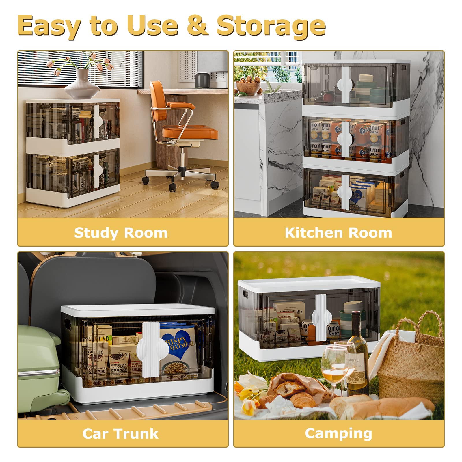 FUNLAX Collapsible Storage Bins with Lids, 19 Gal Foldable Stackable Storage Bins with Doors and Wheels, Folding Storage Boxes Set 4 Pack for Closet, Bedroom, Laundry, Home Organizer and Storage