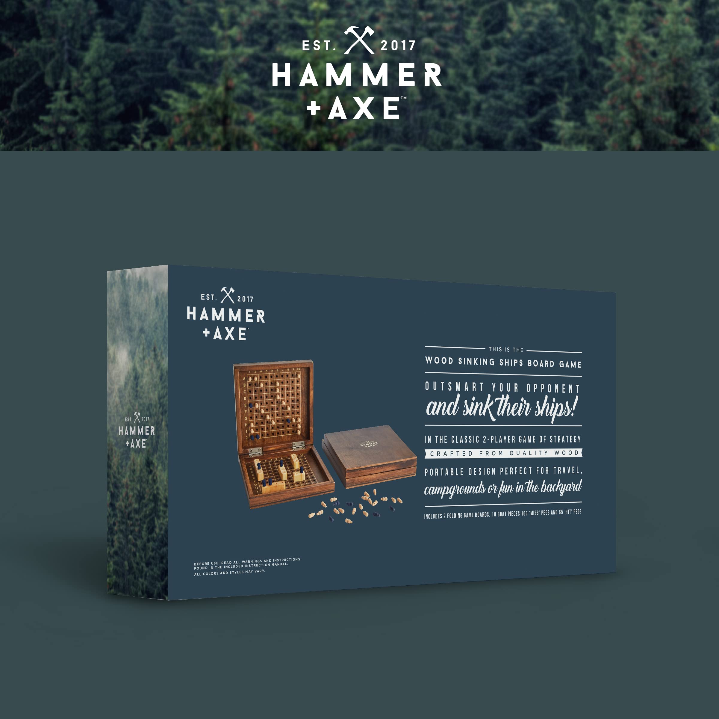 Hammer + Axe Wooden Sinking Ships 2-Player Board Game, Quality Crafted Wood, Portable Vintage Design, Great for Beach Camping Parties & Travel