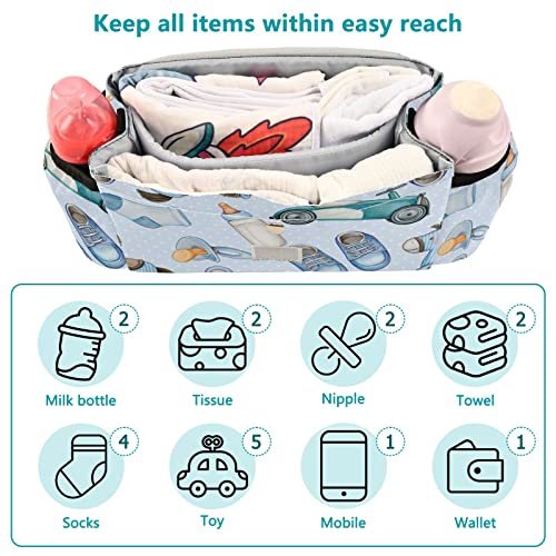 Kigai Baby Pattern Blue Baby Stroller Organizer with Cup Holders, Secure Hooks Accessories Adjustable Strap Stroller Bag for Bottle, Diaper, Phone, Toys, Baby Items